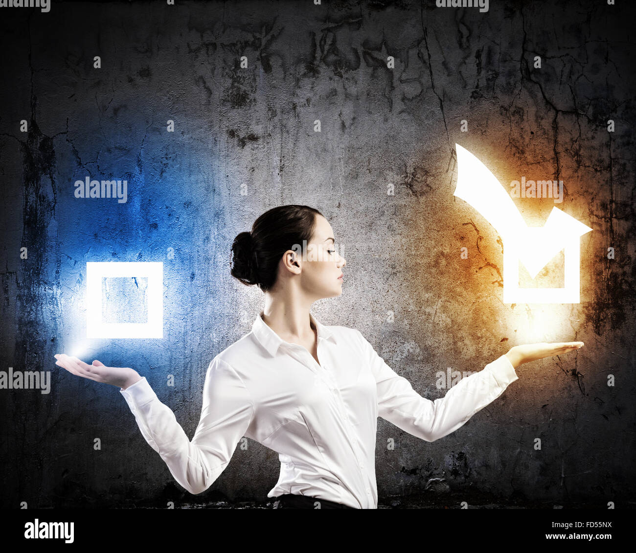 Image of businesswoman holding items on palms Stock Photo - Alamy