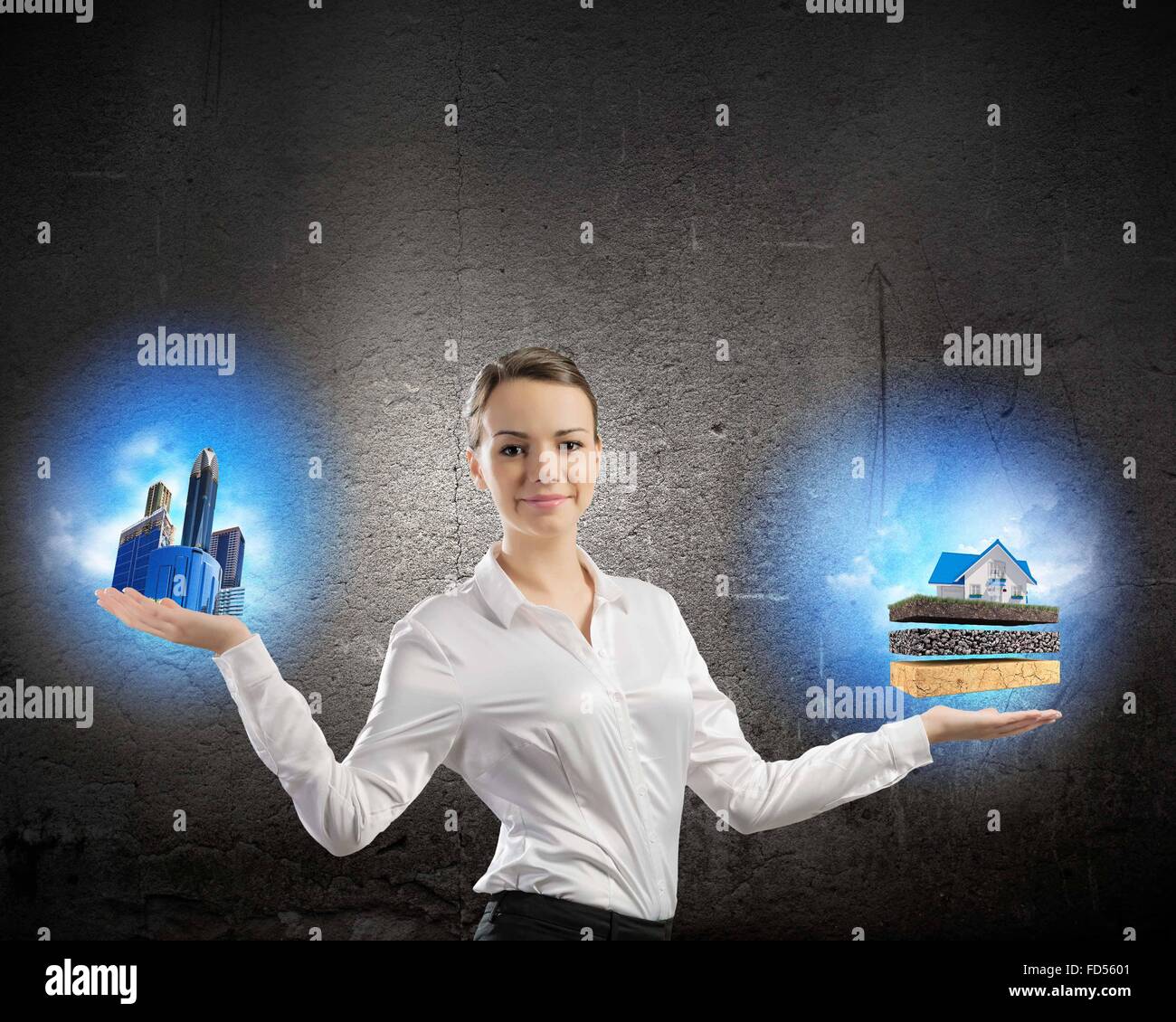 Image of businesswoman holding items on palm. Urban or country Stock ...