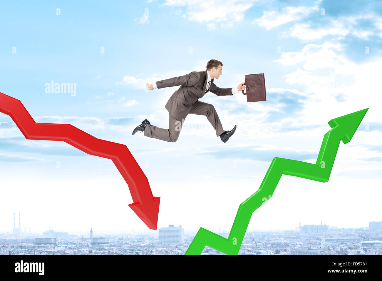 Businessman hopping arrows Stock Photo - Alamy