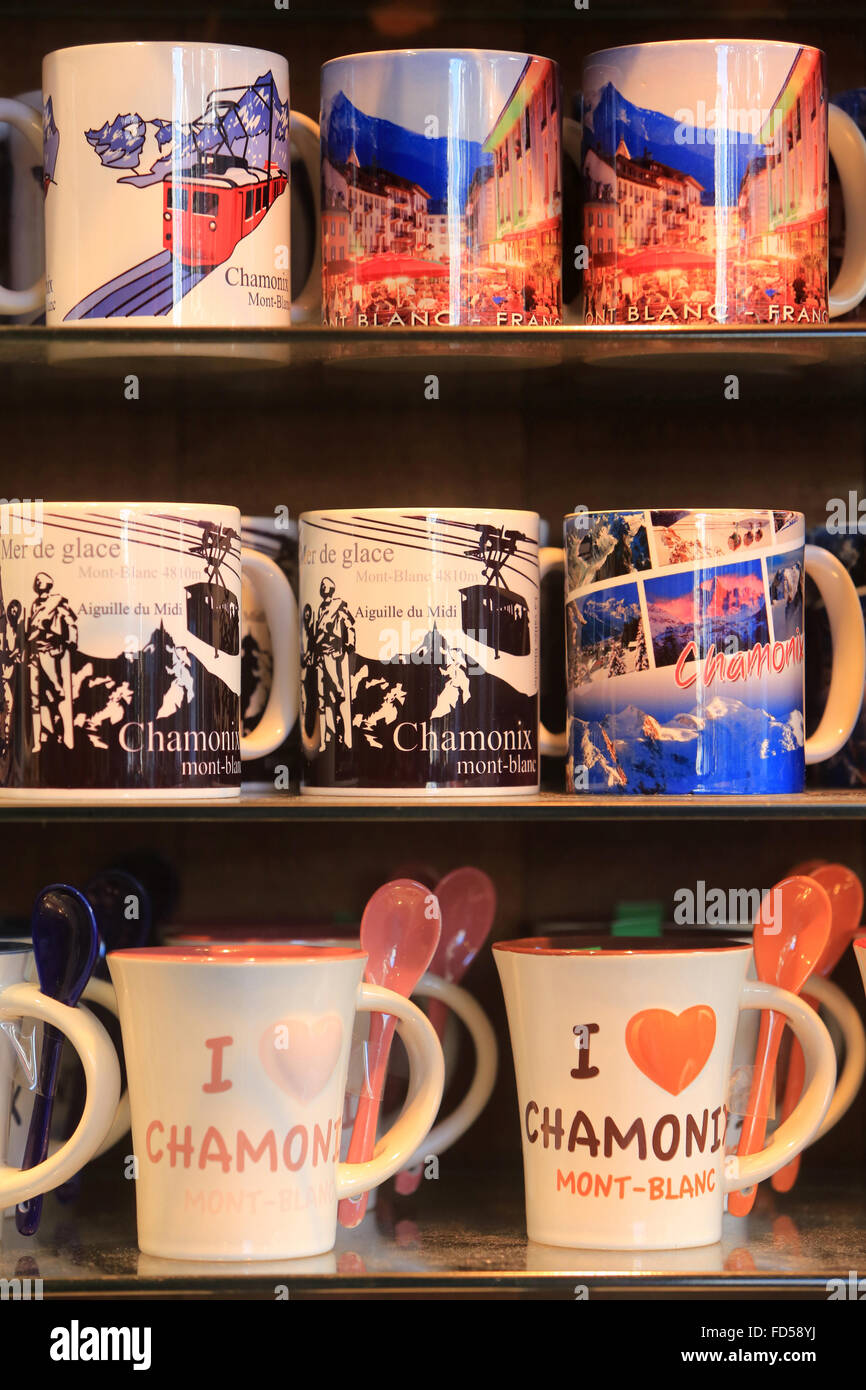 Sales cups bearing the image of Chamonix Stock Photo - Alamy