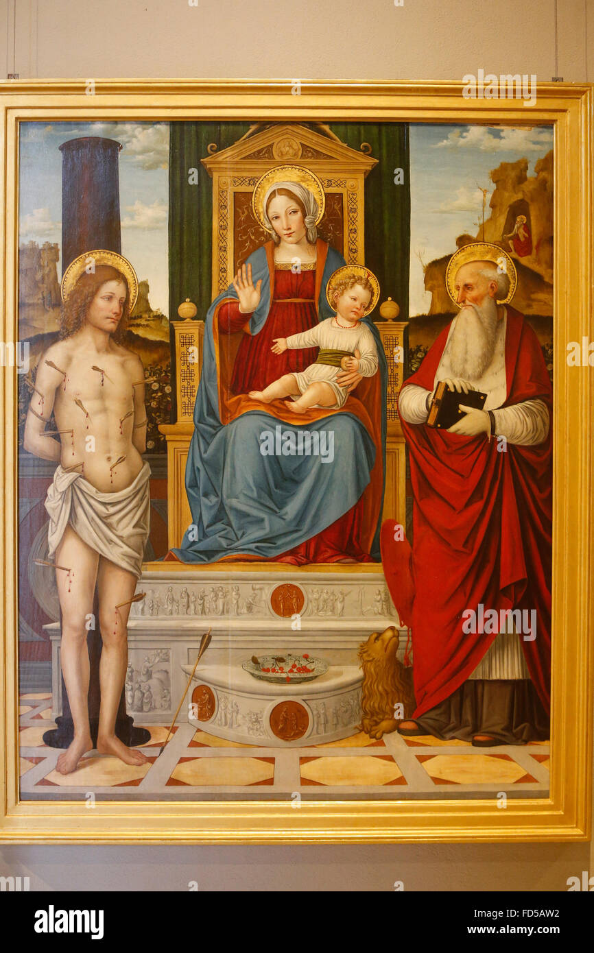 Sforza castle museum, Milan. Madonna and child on a throne surrounded ...