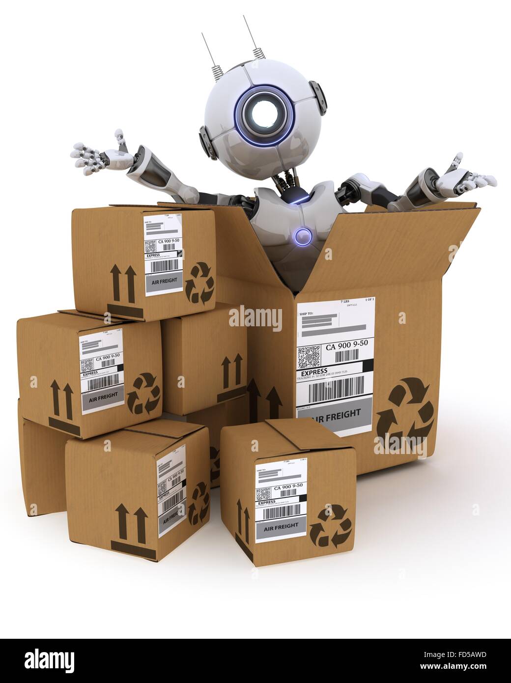 3D render of a Robot with shipping boxes Stock Photo - Alamy