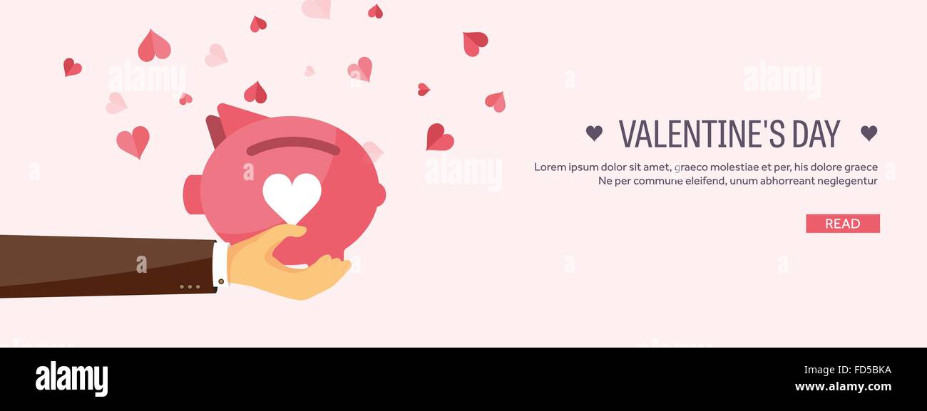 Vector illustration. Flat background with piggy bank. Love, hearts ...