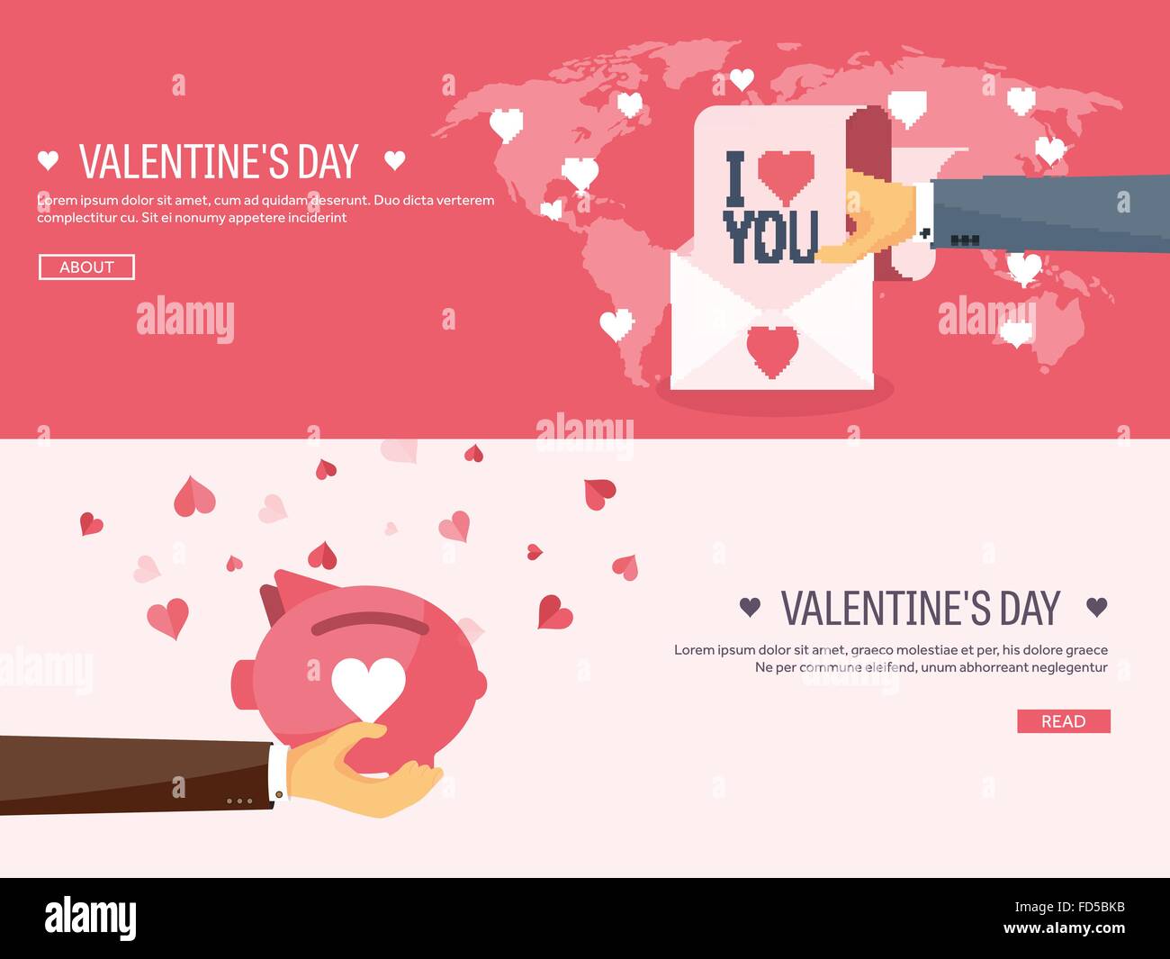 Vector illustration. Flat background with envelope and piggy bank. Love ...