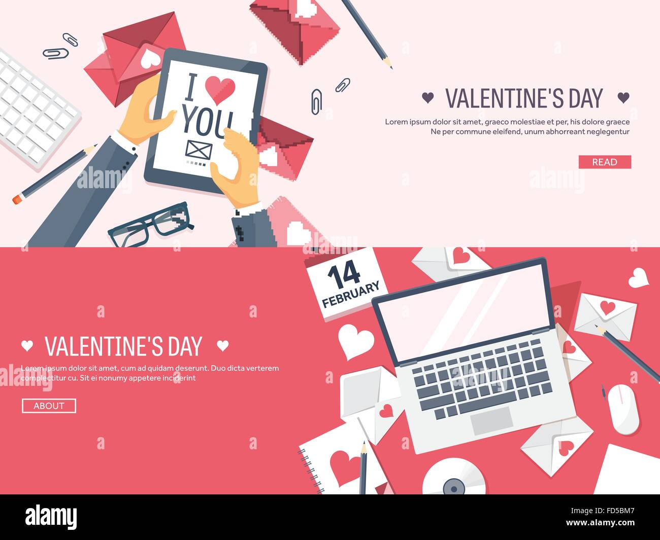 Vector illustration. Flat background with tablet, laptop. Love, hearts ...
