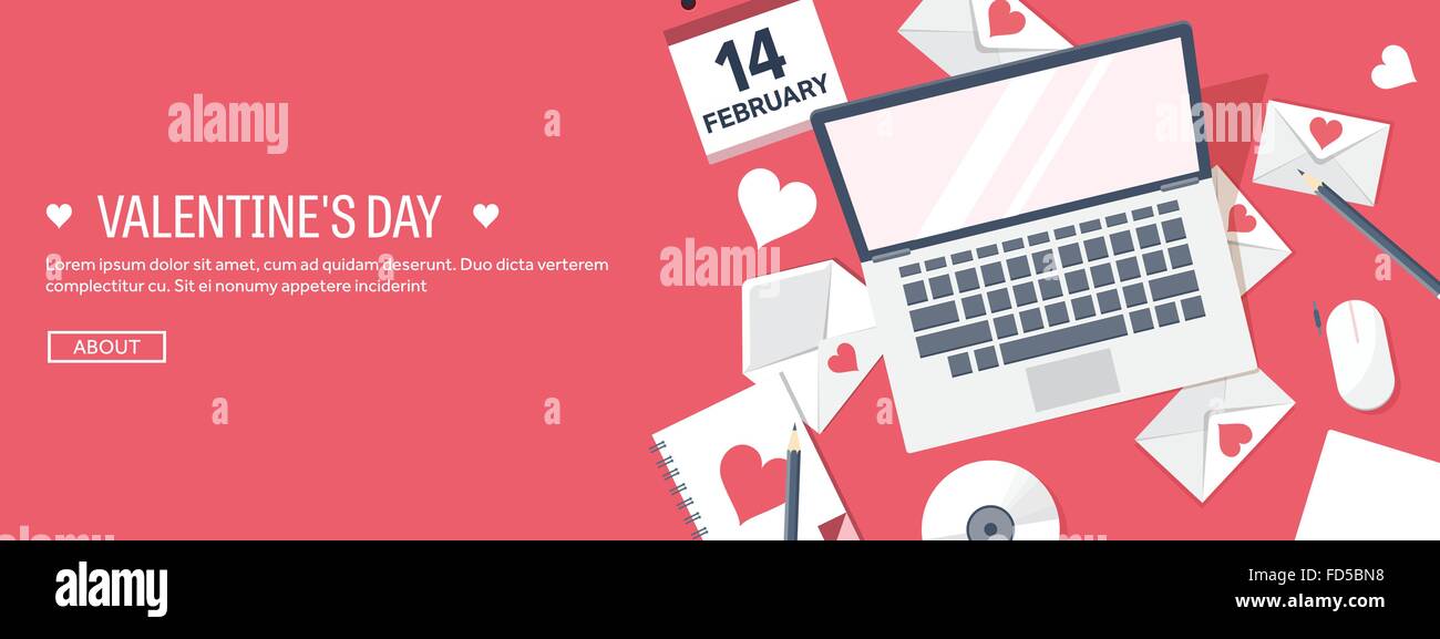 Vector illustration. Flat background with computer, laptop. Love ...