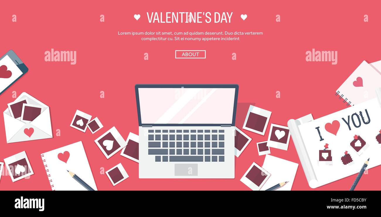 Vector illustration. Flat background with computer, laptop. Love ...