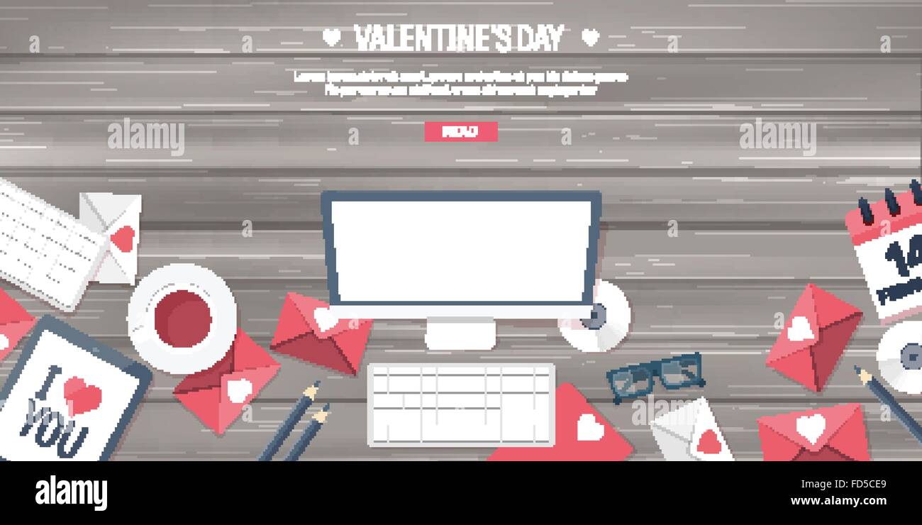 Vector illustration. Flat background with computer, laptop. Love ...