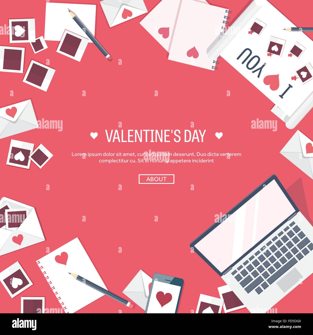 Vector illustration. Flat background with computer, laptop. Love ...