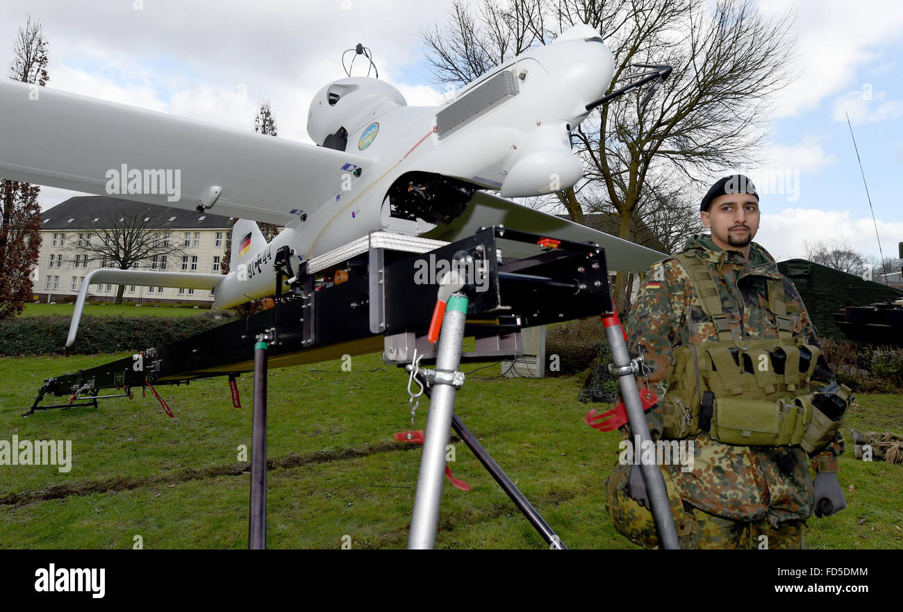 Eutin, Germany. 28th Jan, 2016. A "Luna" drone pictured during a press ...