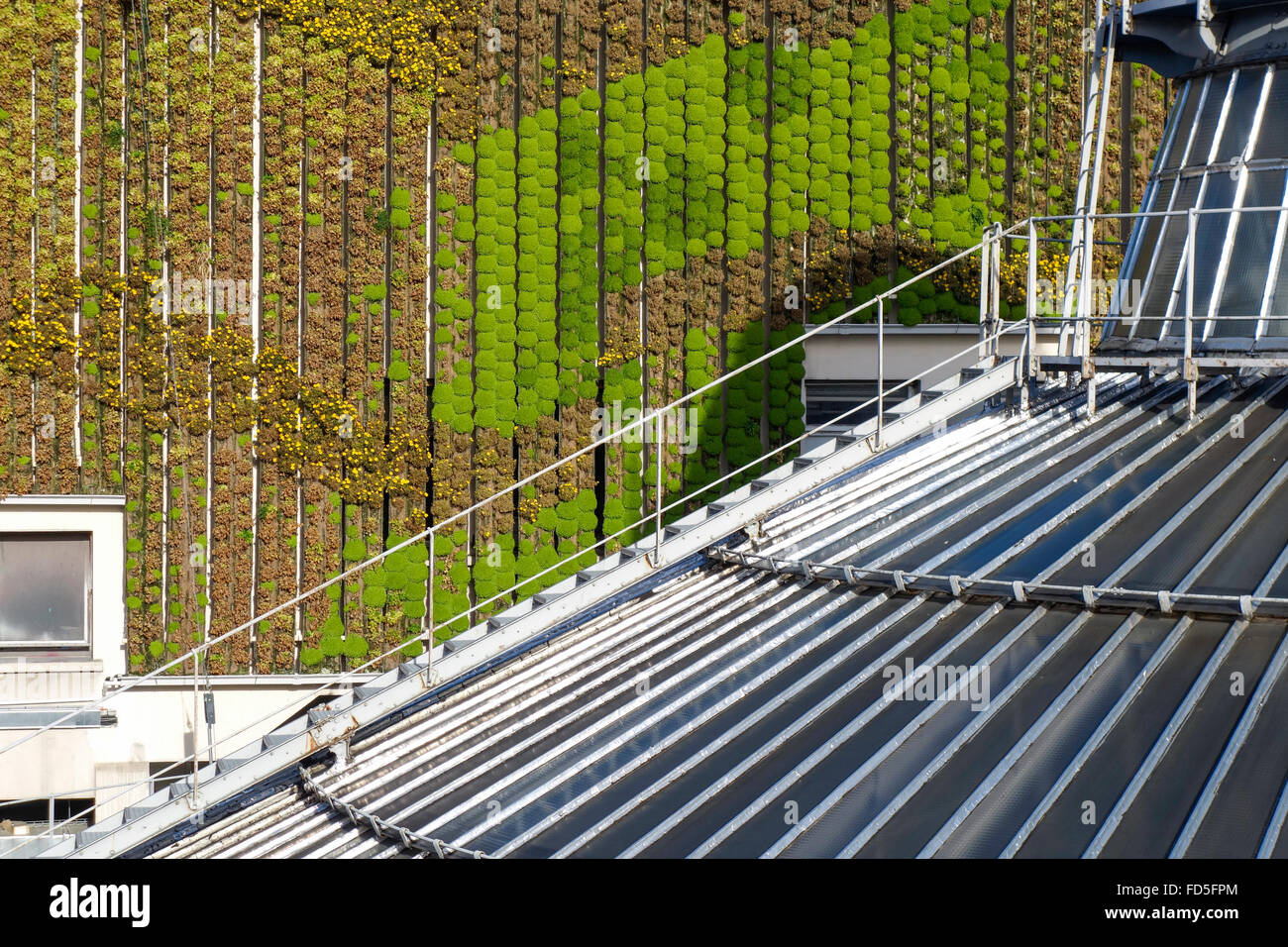 Roof terrace of Galeries Lafayette shopping mall, dome and living wall ...