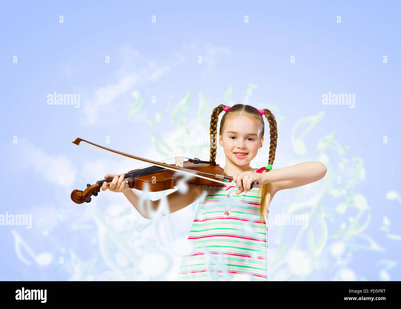 Image of cute girl playing violin against blue background Stock Photo ...