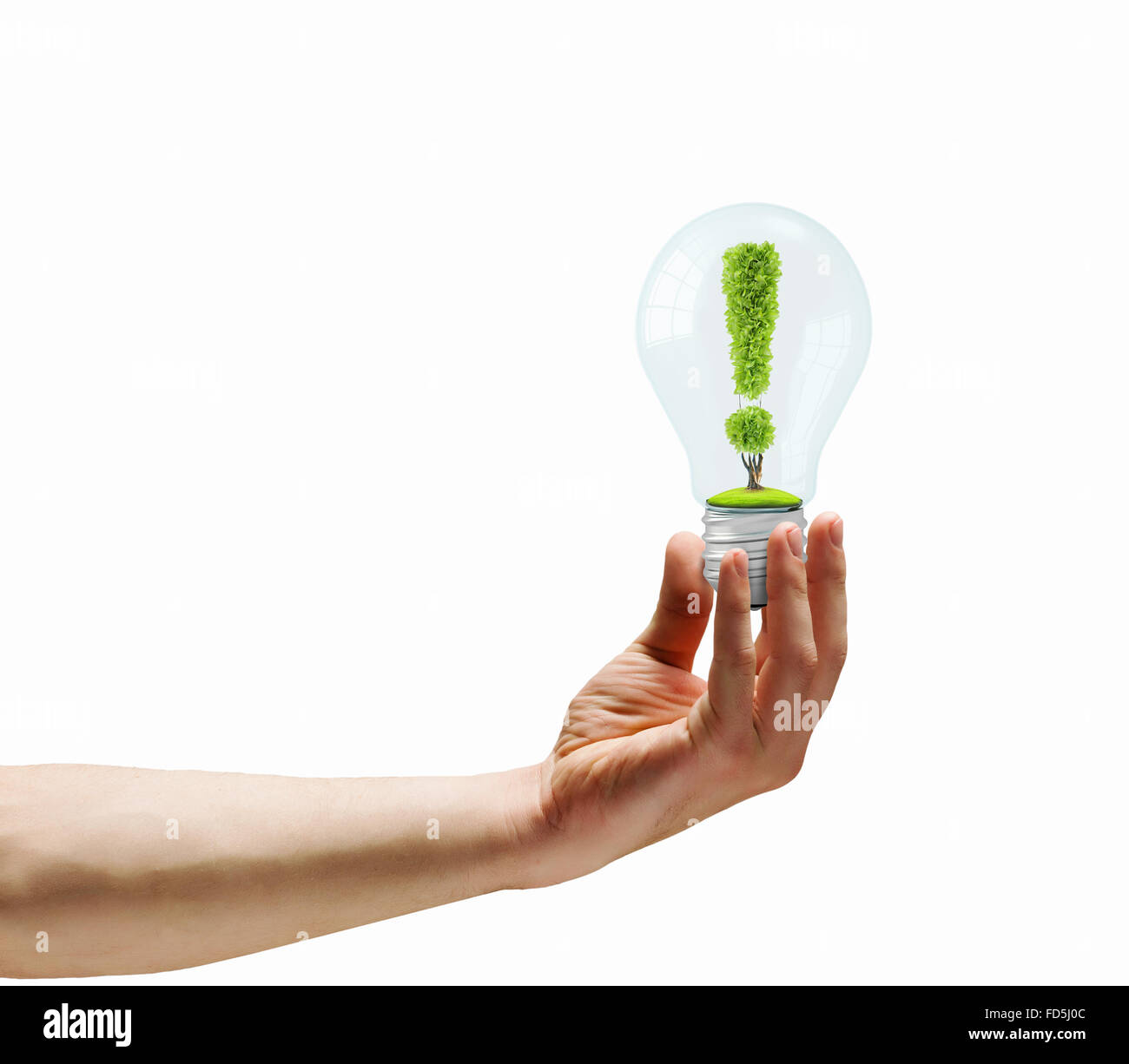 Human hand holding bulb with exclamation sign Stock Photo - Alamy