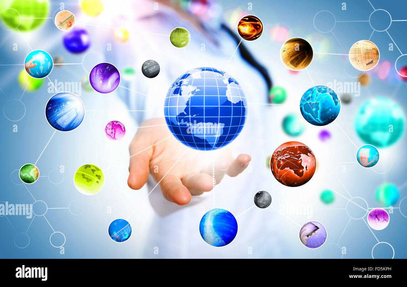 Items and icons on human hand. Global technologies Stock Photo - Alamy