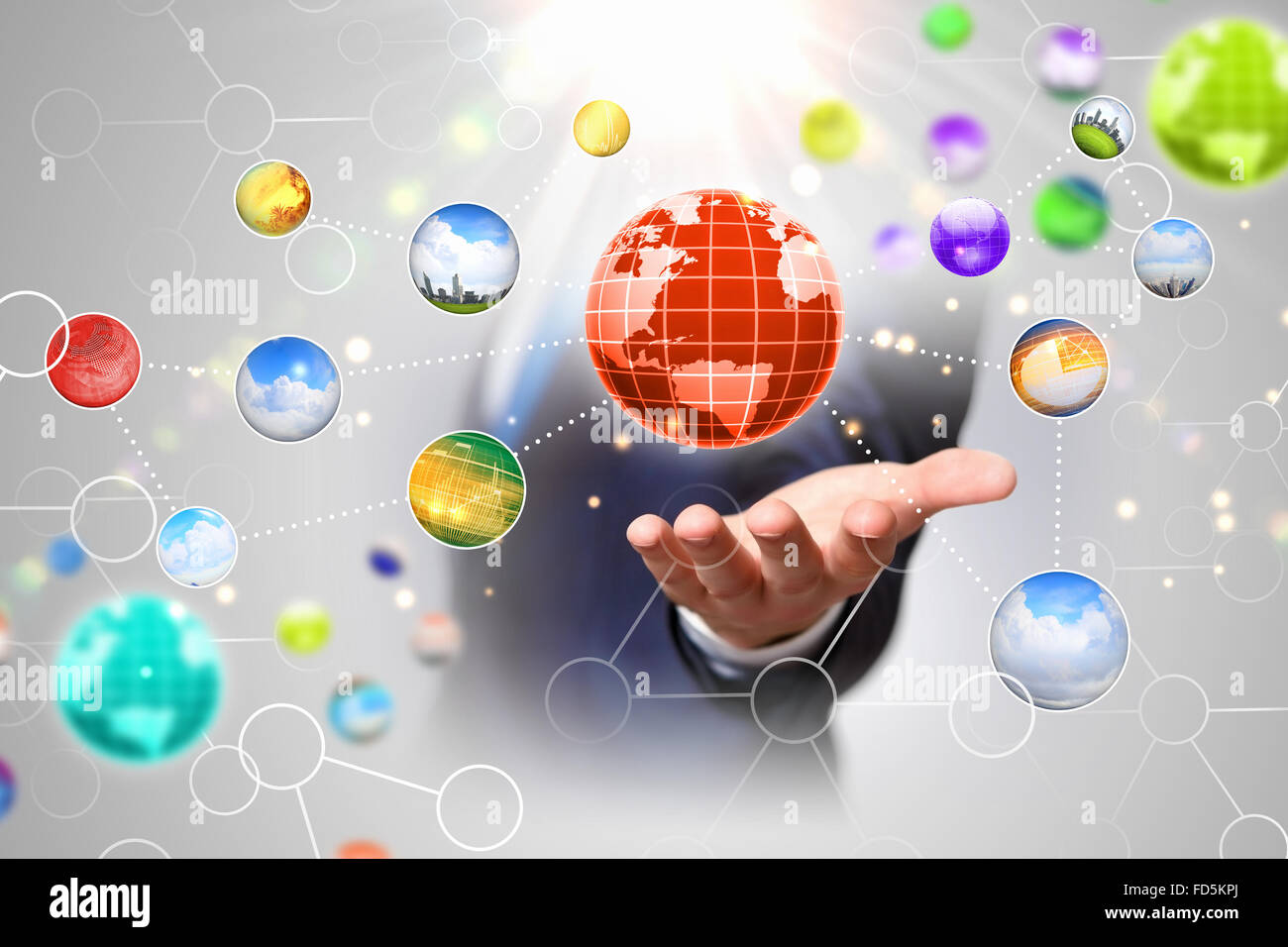 Items and icons on human hand. Global technologies Stock Photo - Alamy