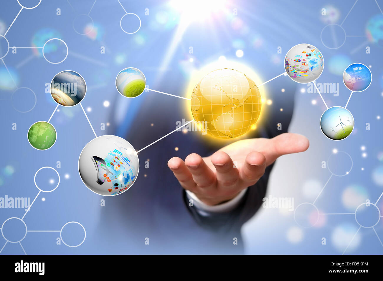 Items and icons on human hand. Global technologies Stock Photo - Alamy