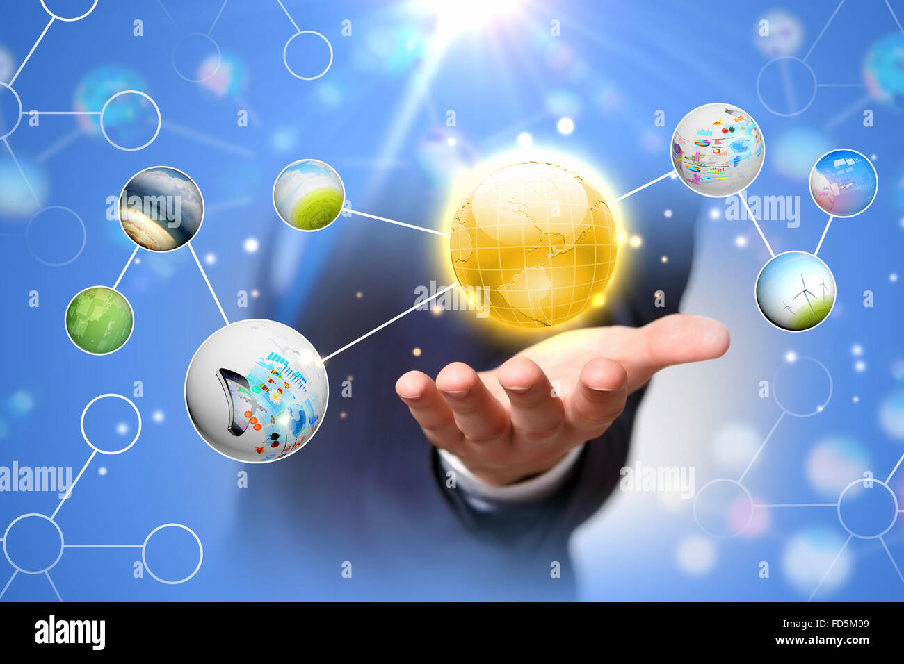 Items and icons on human hand. Global technologies Stock Photo - Alamy