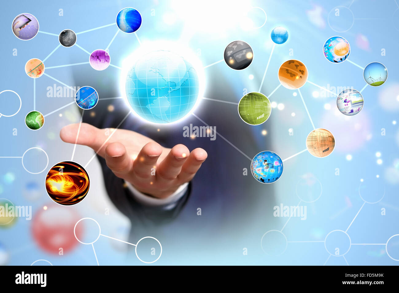 Items and icons on human hand. Global technologies Stock Photo - Alamy