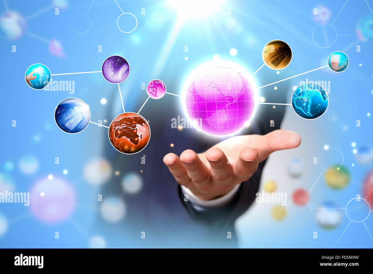 Items and icons on human hand. Global technologies Stock Photo - Alamy
