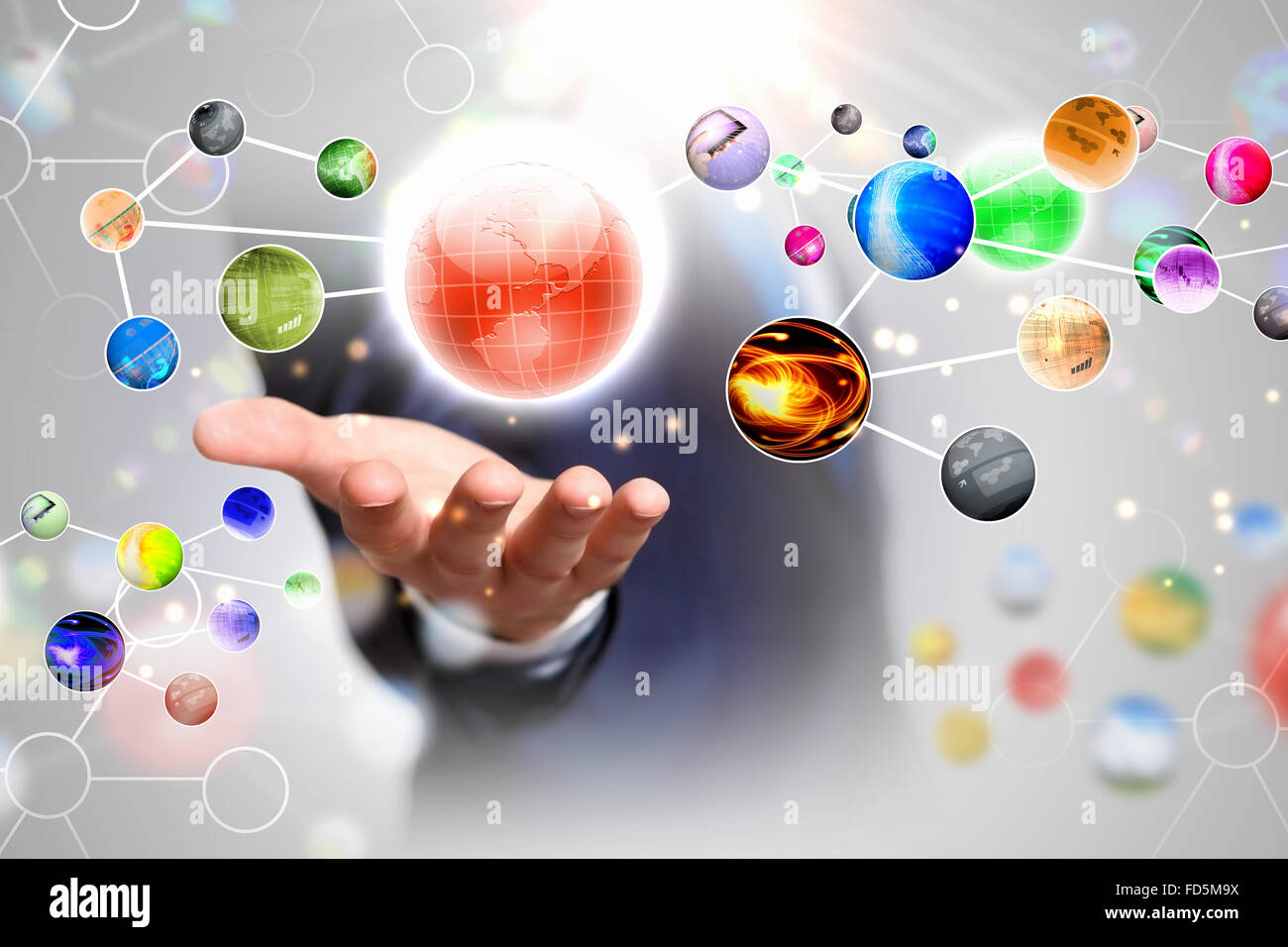 Items and icons on human hand. Global technologies Stock Photo - Alamy