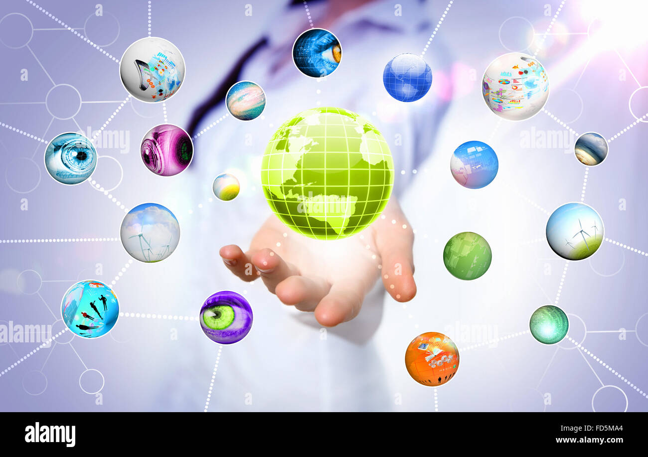 Items and icons on human hand. Global technologies Stock Photo - Alamy