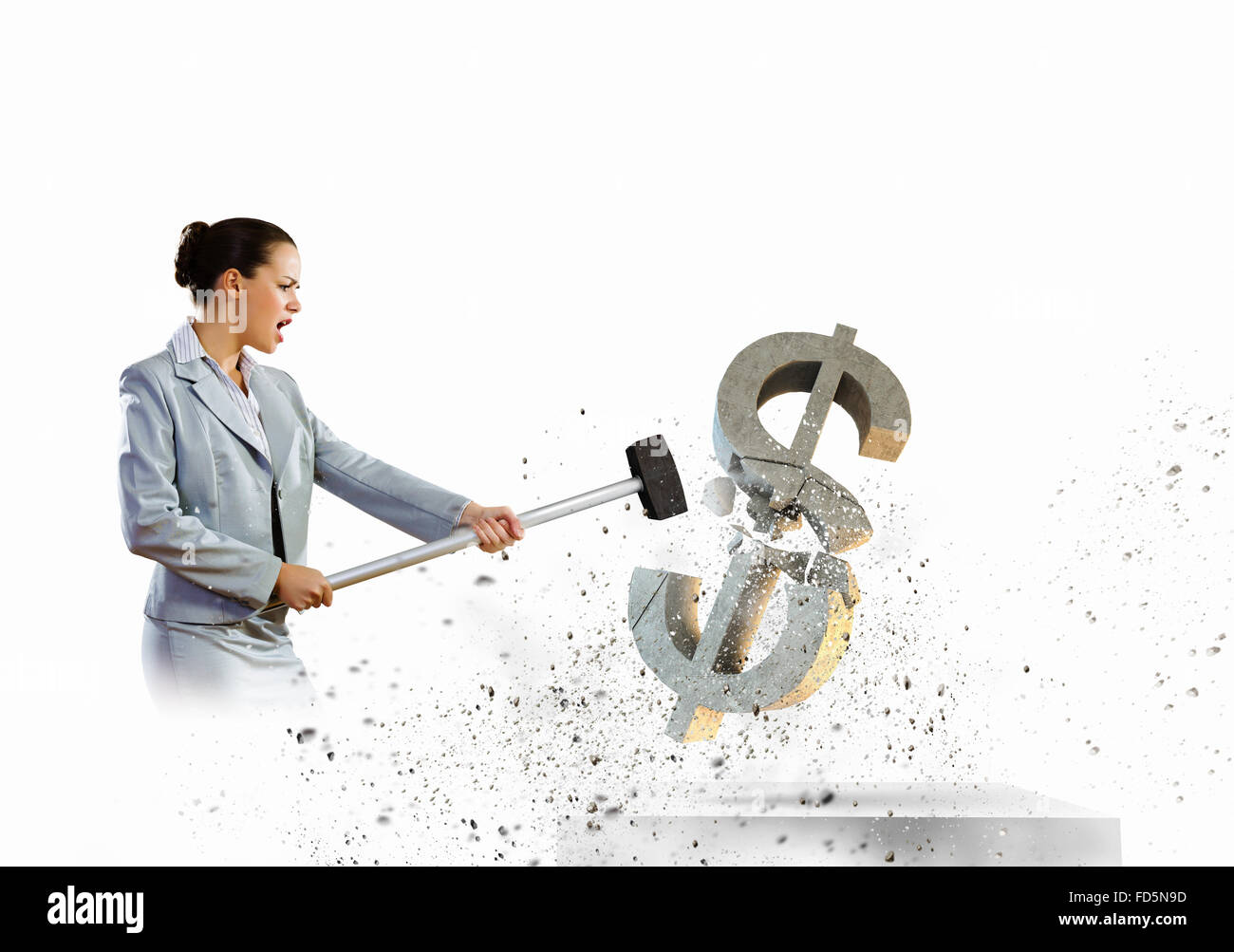 Image of businesswoman breaking stone dollar symbol with hammer Stock ...