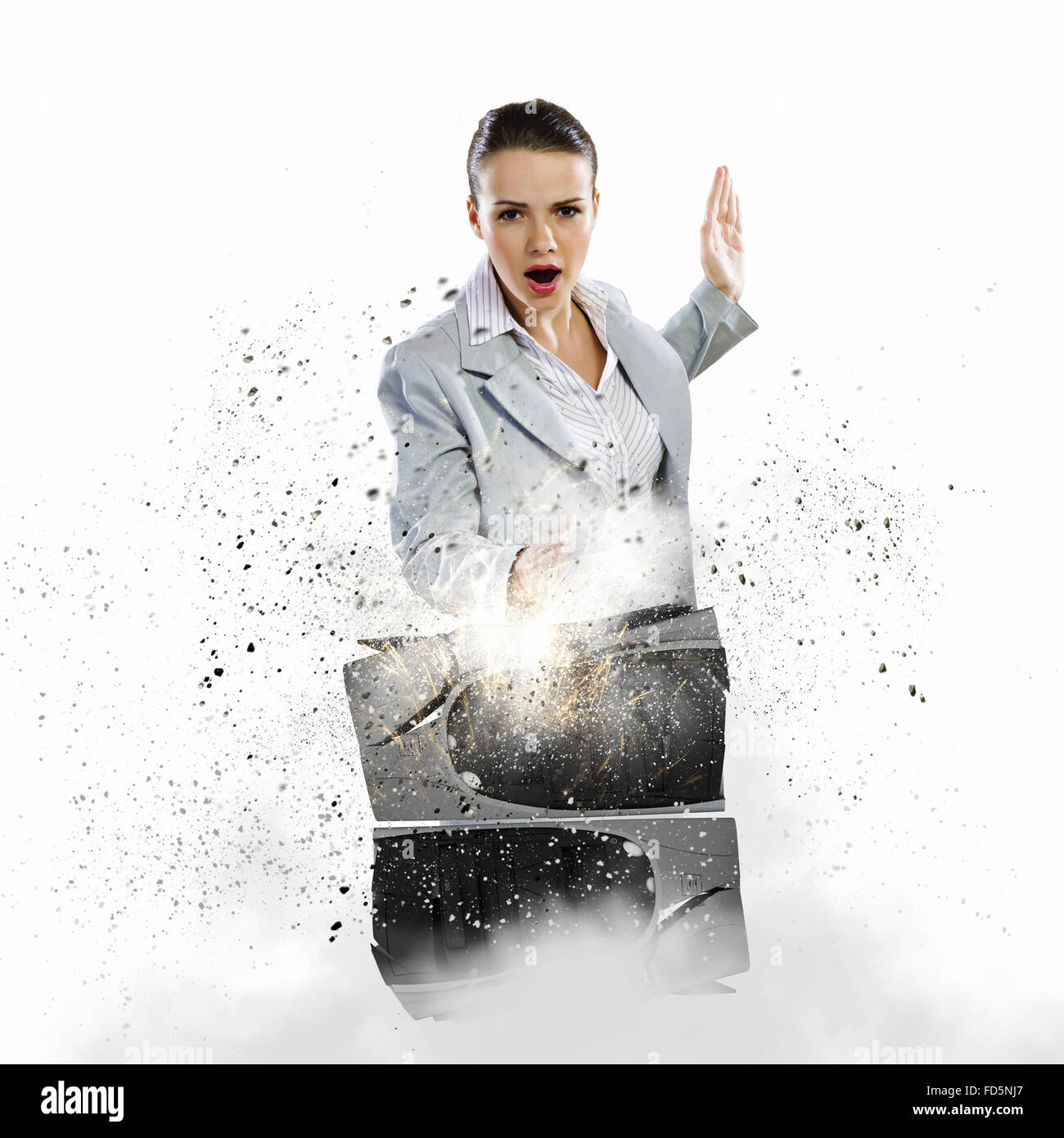 Image of young businesswoman damaging computer processor Stock Photo ...
