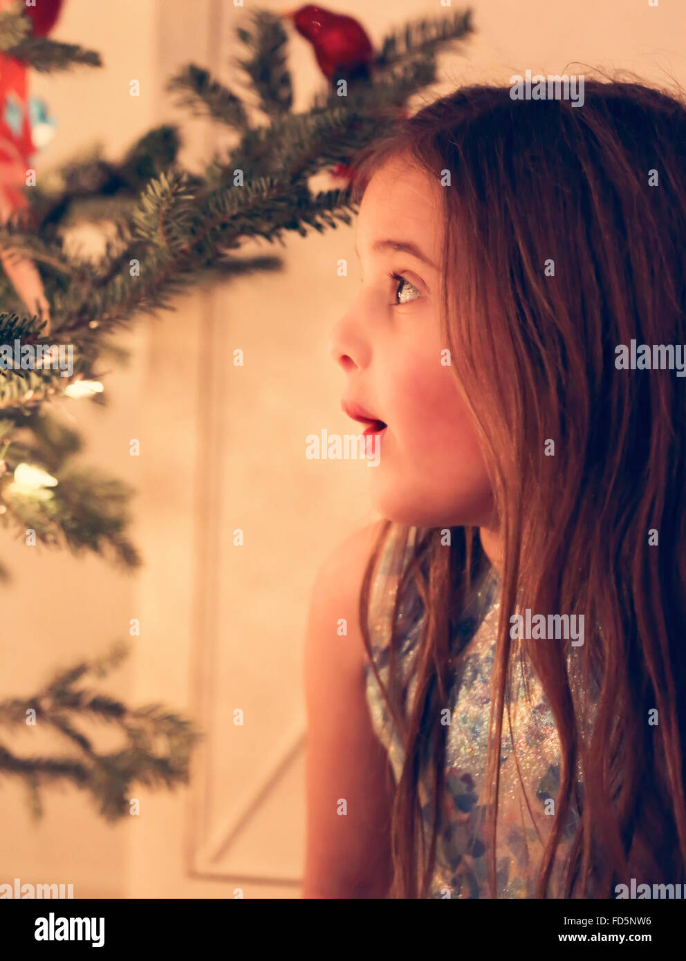Profile of a little girl staring at a glowing Christmas tree with a ...