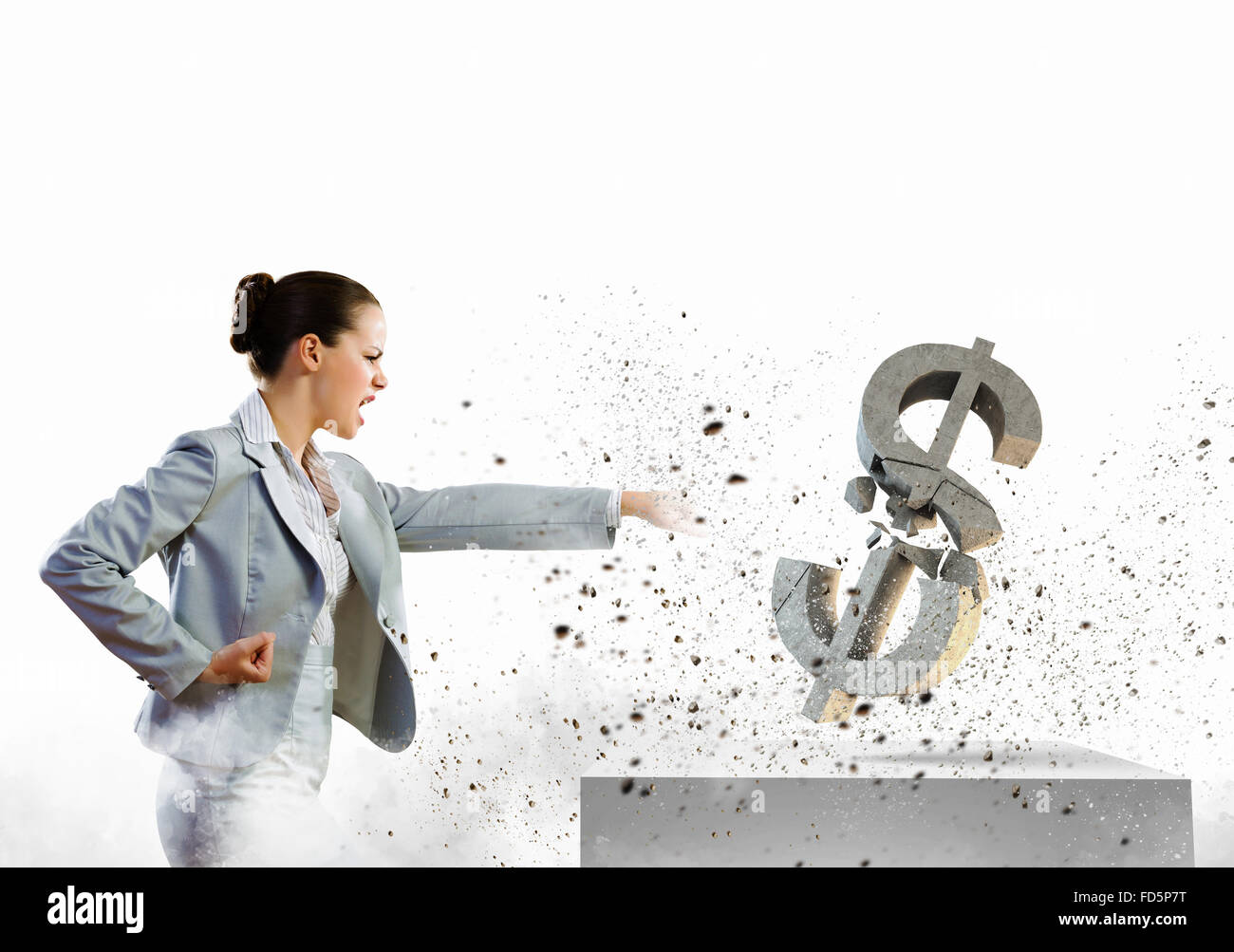 Image of businesswoman breaking stone dollar symbol Stock Photo - Alamy