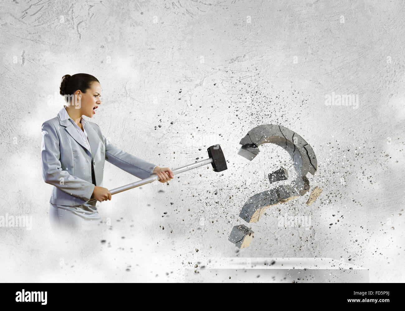 Image of businesswoman destroying with arm stone question mark Stock ...