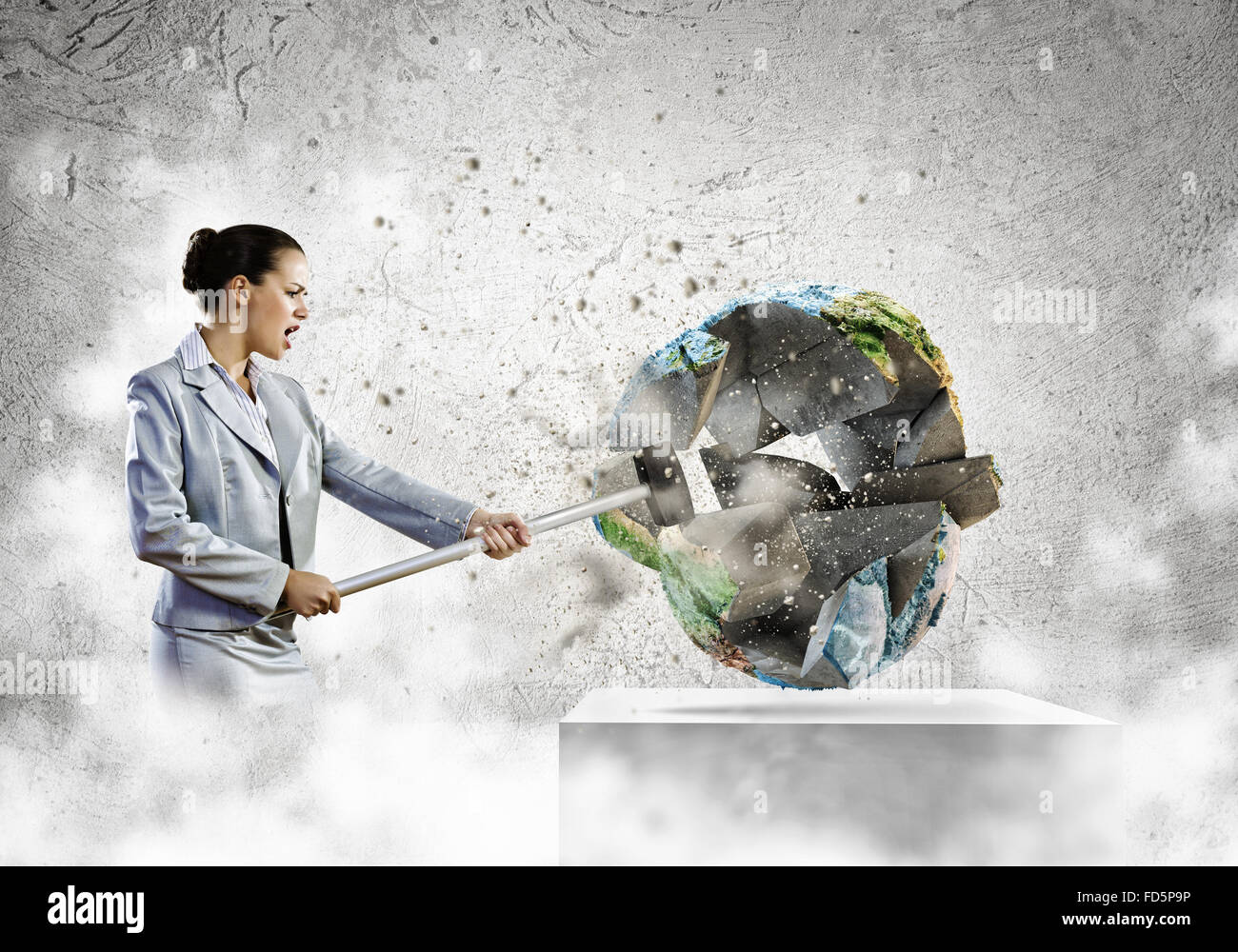 Image of businesswoman crashing globe with hammer. Ecology concept ...