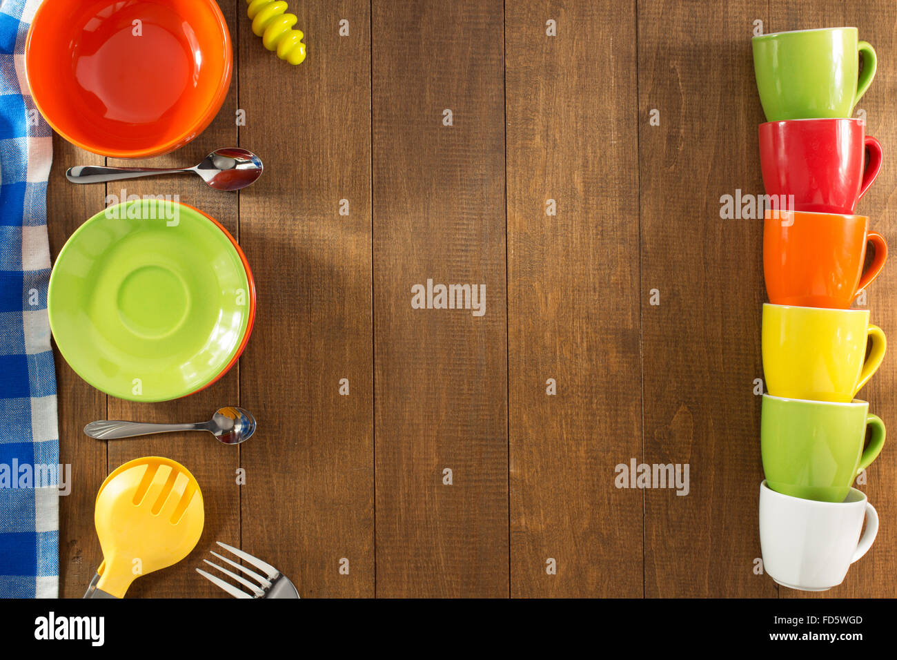 dishes set on wooden background Stock Photo - Alamy