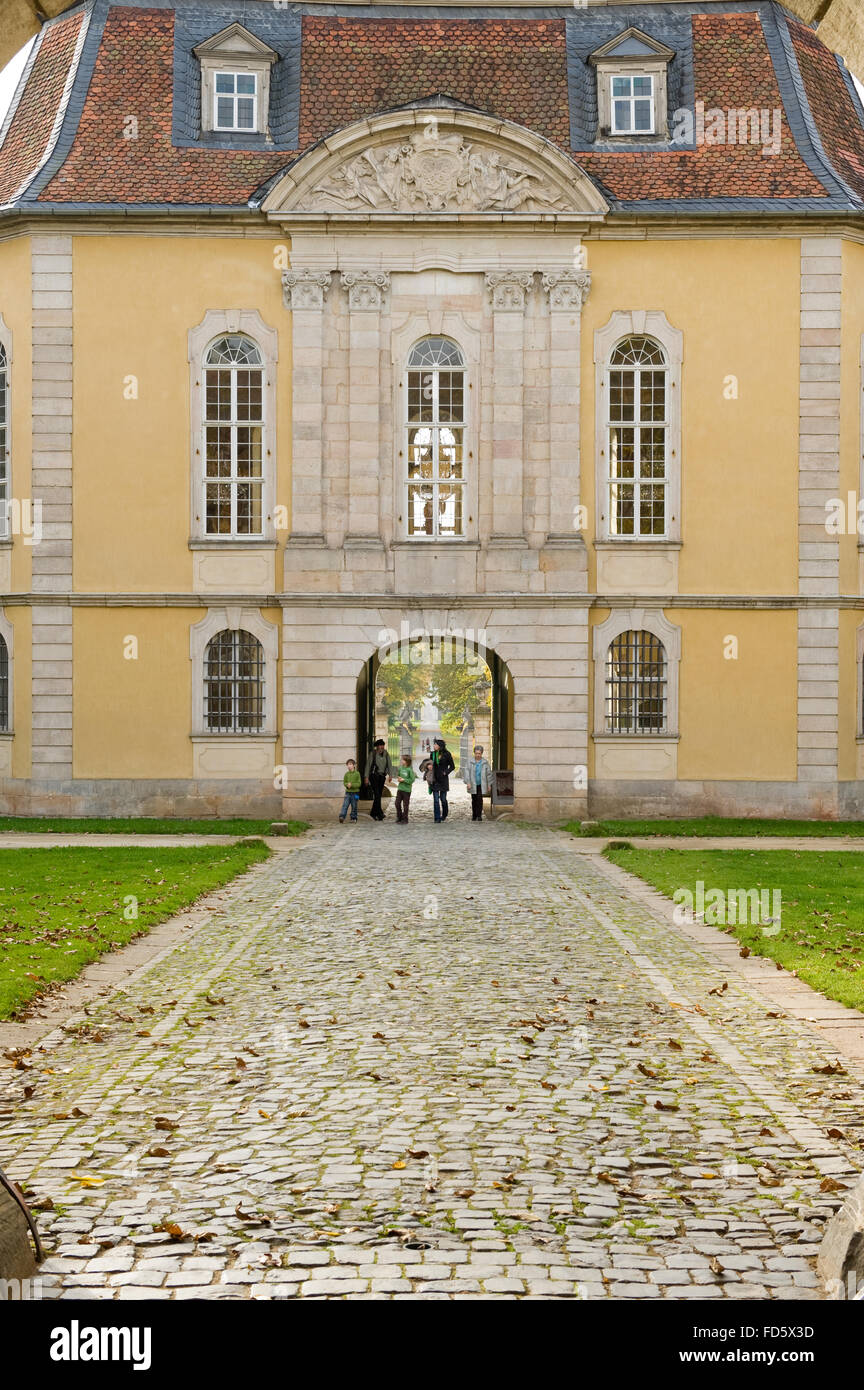 Baroque gatehouse with cobbled driveway Fasanerie castle near Fulda in ...