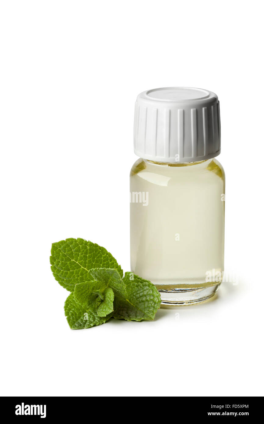 Peppermint oil in a bottle on white background Stock Photo - Alamy