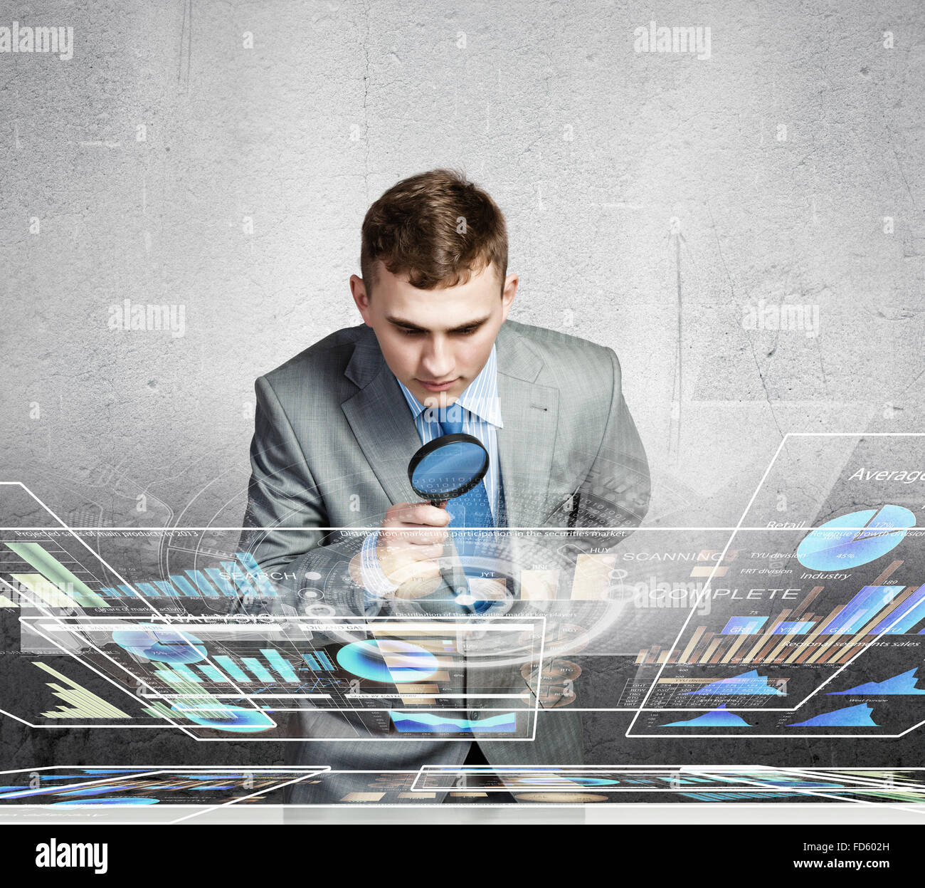 Image of businessman examining objects with magnifier Stock Photo - Alamy