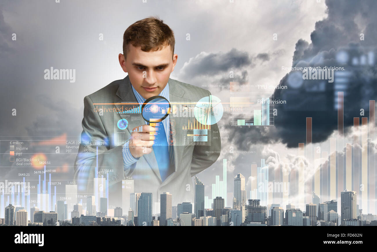 Image of businessman examining objects with magnifier Stock Photo - Alamy