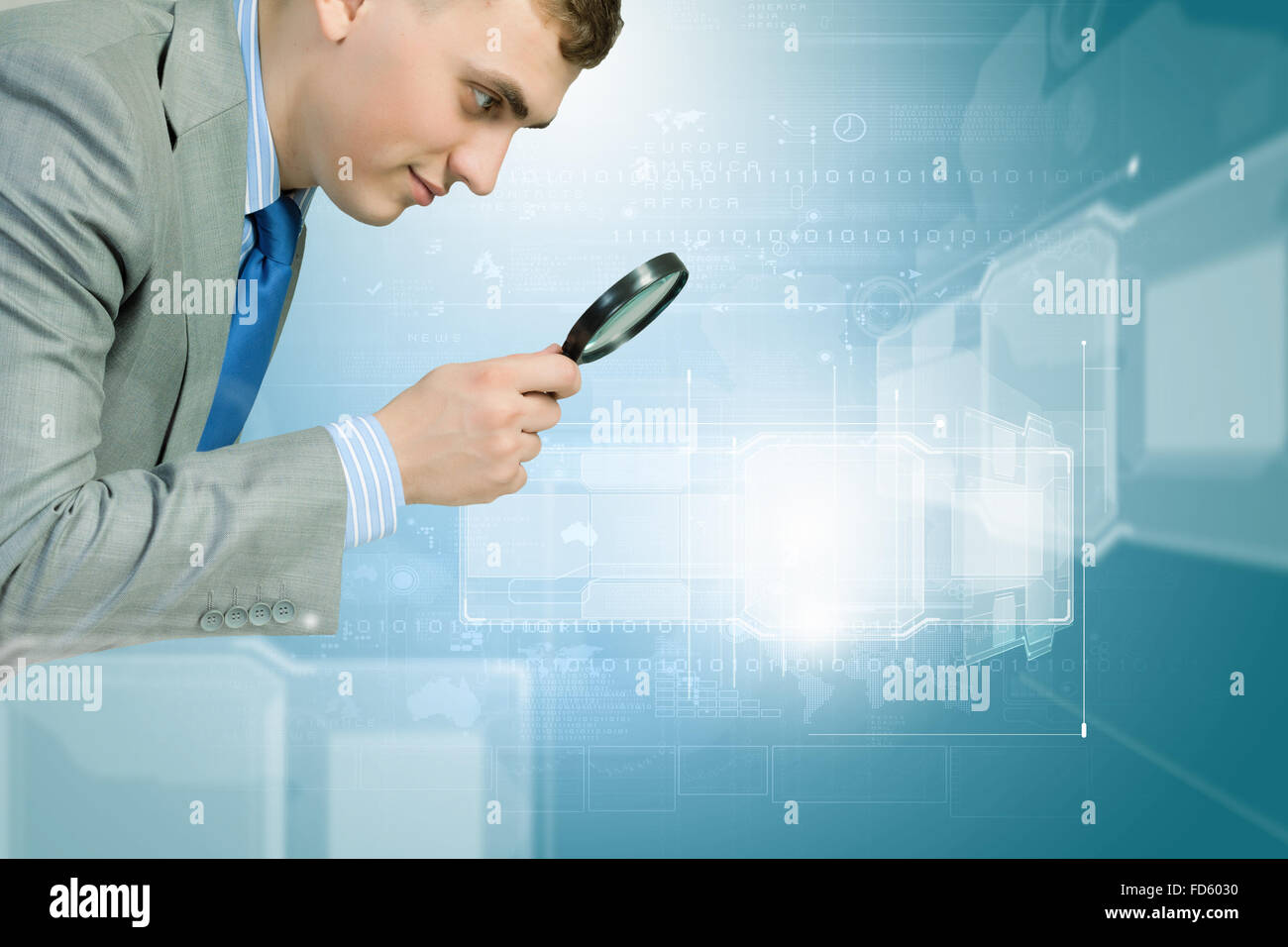 Image of businessman examining objects with magnifier Stock Photo - Alamy