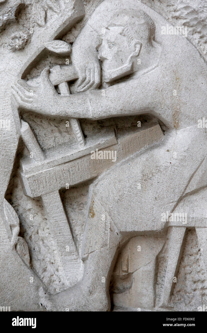 Notre Dame de France catholic church, London. Relief carving depicting ...