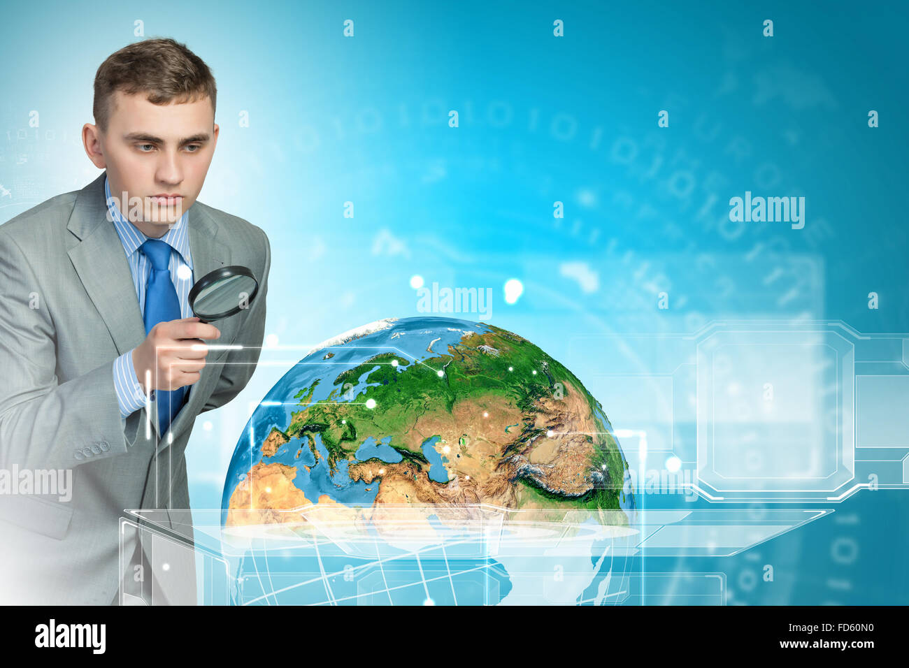 Image of businessman examining objects with magnifier. Elements of this ...