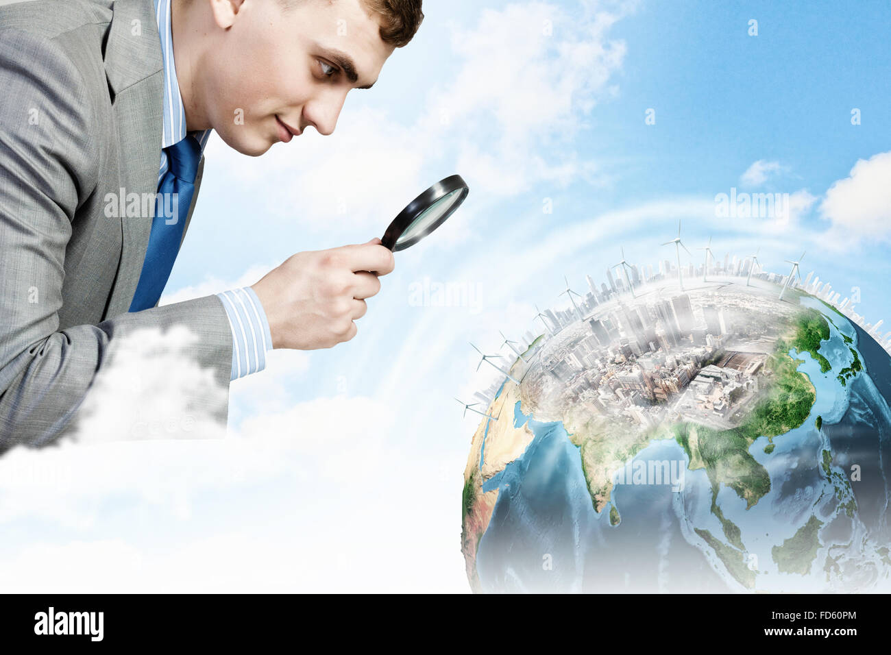 Image of businessman examining objects with magnifier. Elements of this ...
