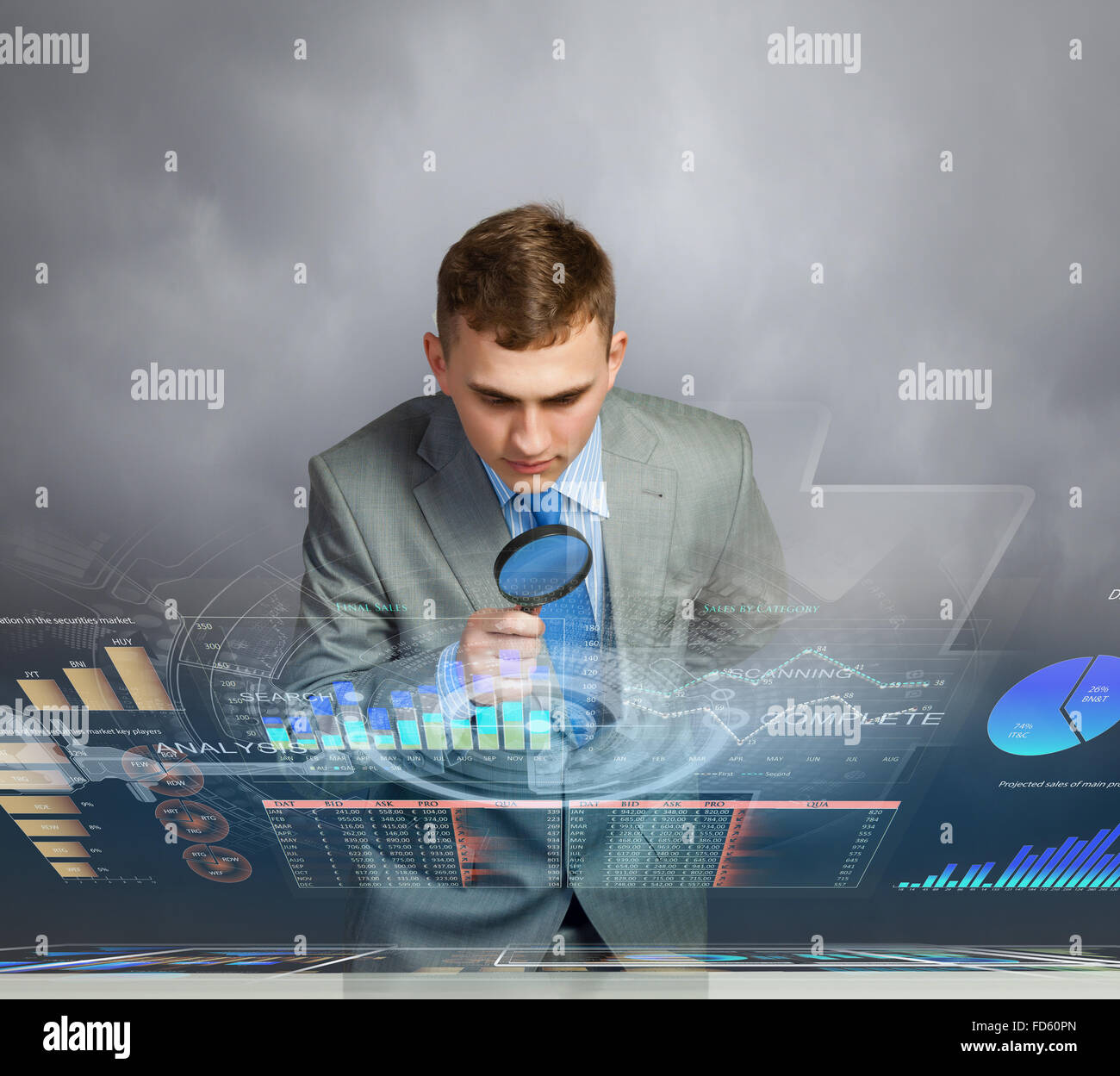 Image of businessman examining objects with magnifier Stock Photo - Alamy