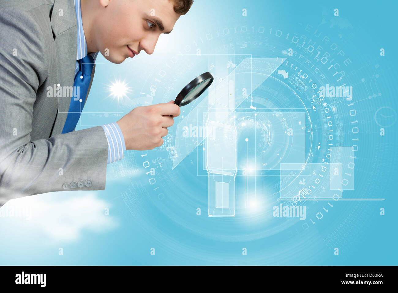 Image of businessman examining objects with magnifier Stock Photo - Alamy