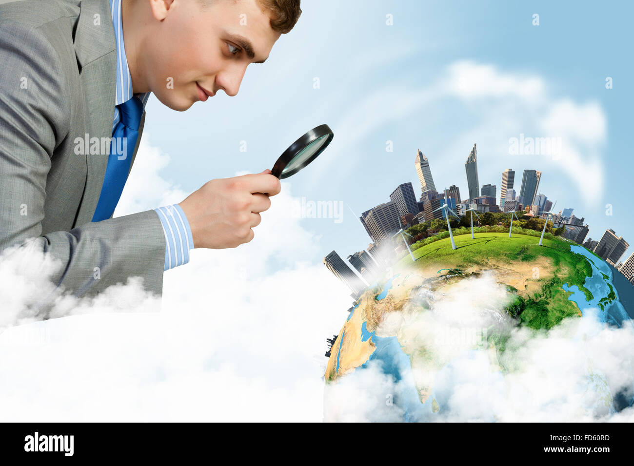 Image of businessman examining objects with magnifier. Elements of this ...