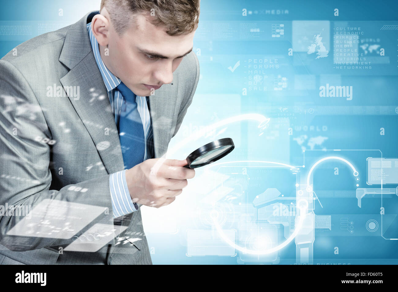 Image of businessman examining objects with magnifier Stock Photo - Alamy