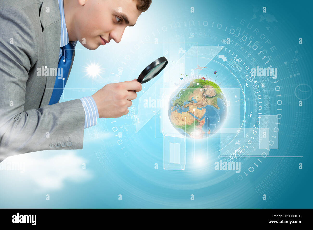 Image of businessman examining objects with magnifier. Elements of this ...