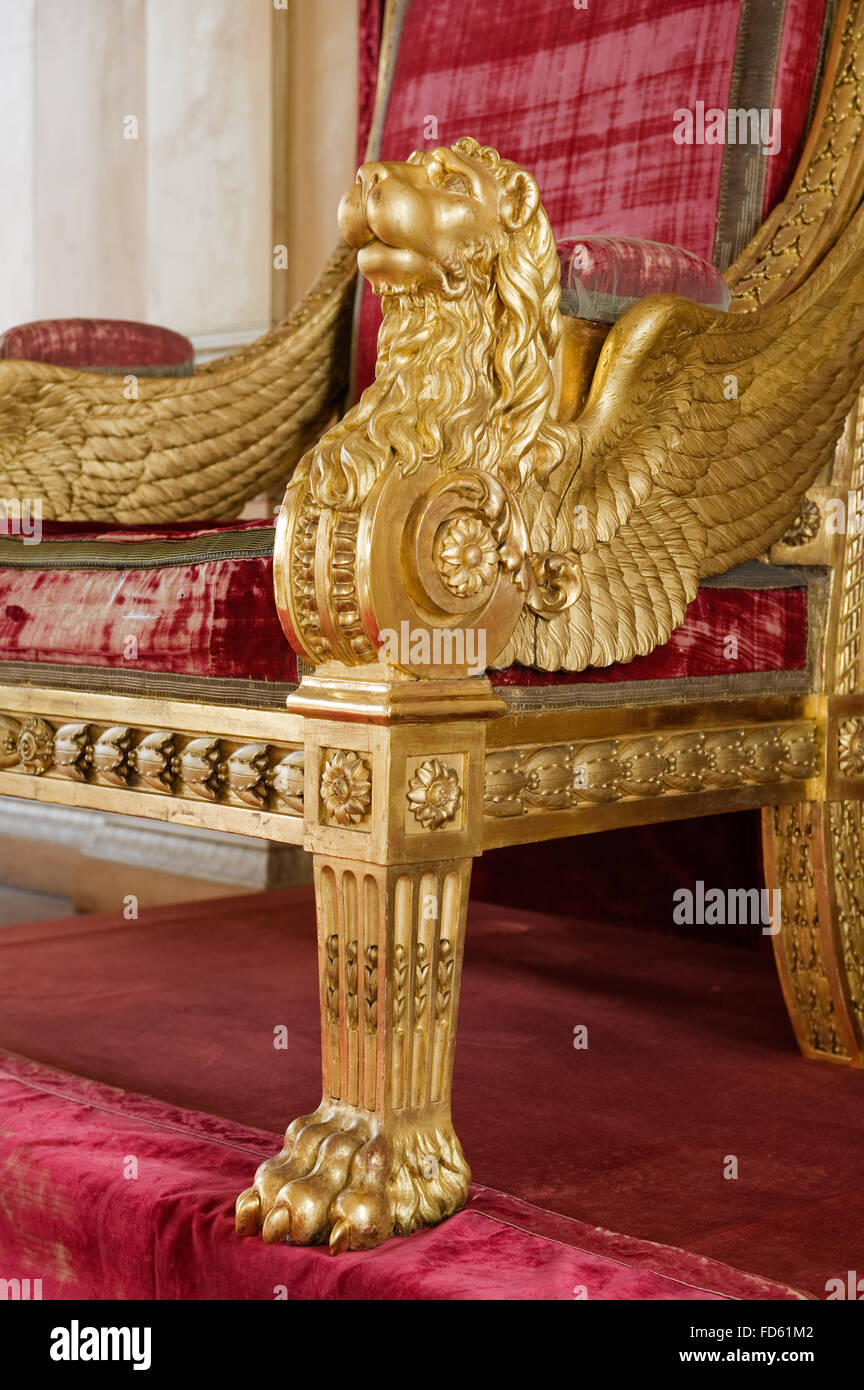 Winged lion on gilded throne in Schloss Fasanerie near Fulda in Germany ...