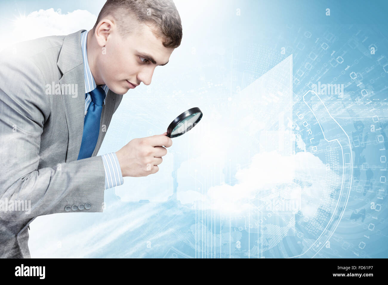 Image of businessman examining objects with magnifier Stock Photo - Alamy