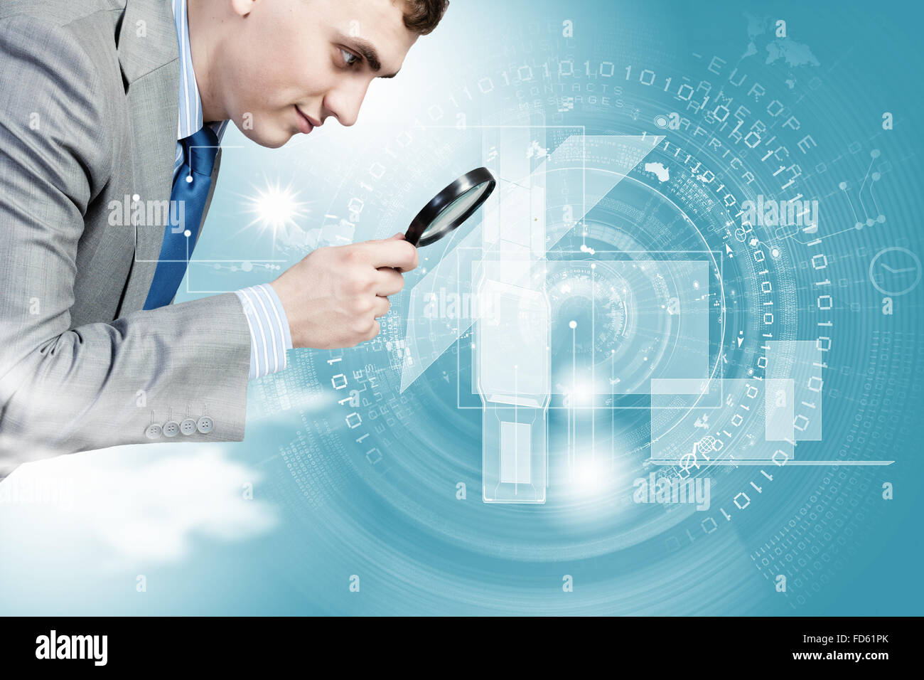 Image of businessman examining objects with magnifier Stock Photo - Alamy