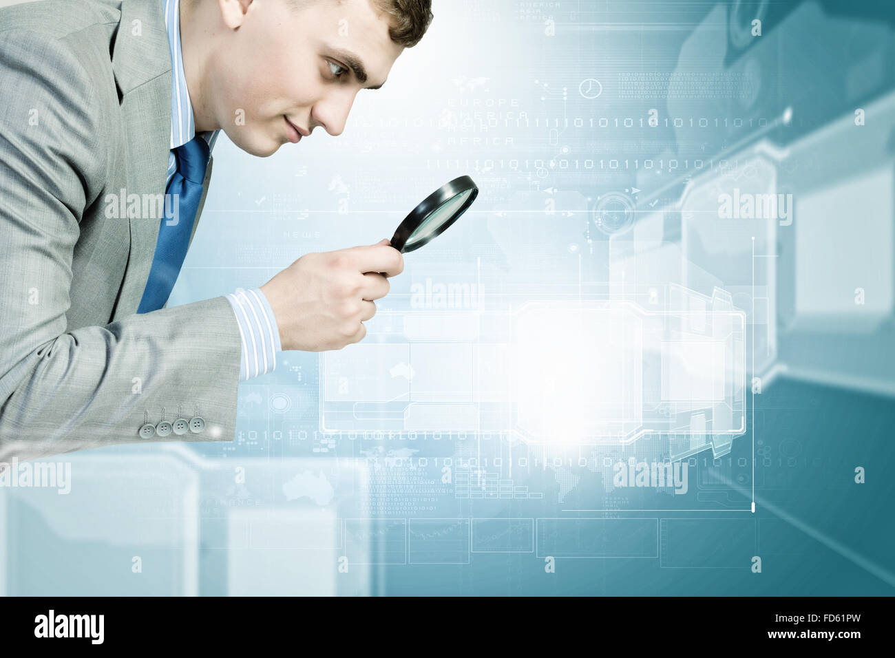 Image of businessman examining objects with magnifier Stock Photo - Alamy
