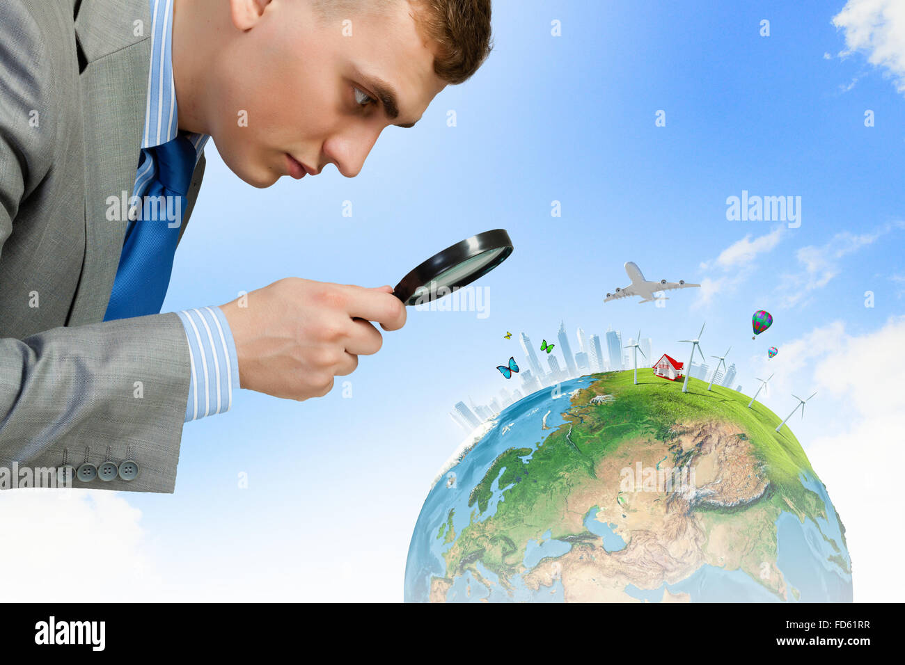 Image of businessman examining objects with magnifier. Elements of this ...